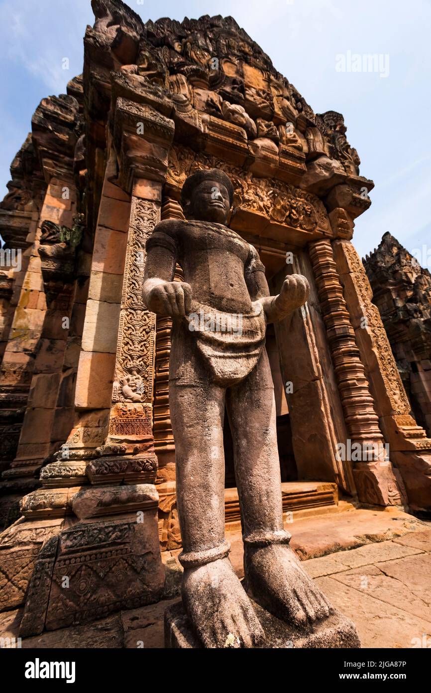 Prasat Hin Khao Phanom Rung, guardian statue at doorway, Khmer temple ...