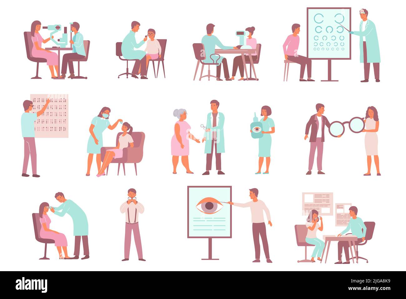 Set of isolated eye disease prevention flat icons with characters of ...