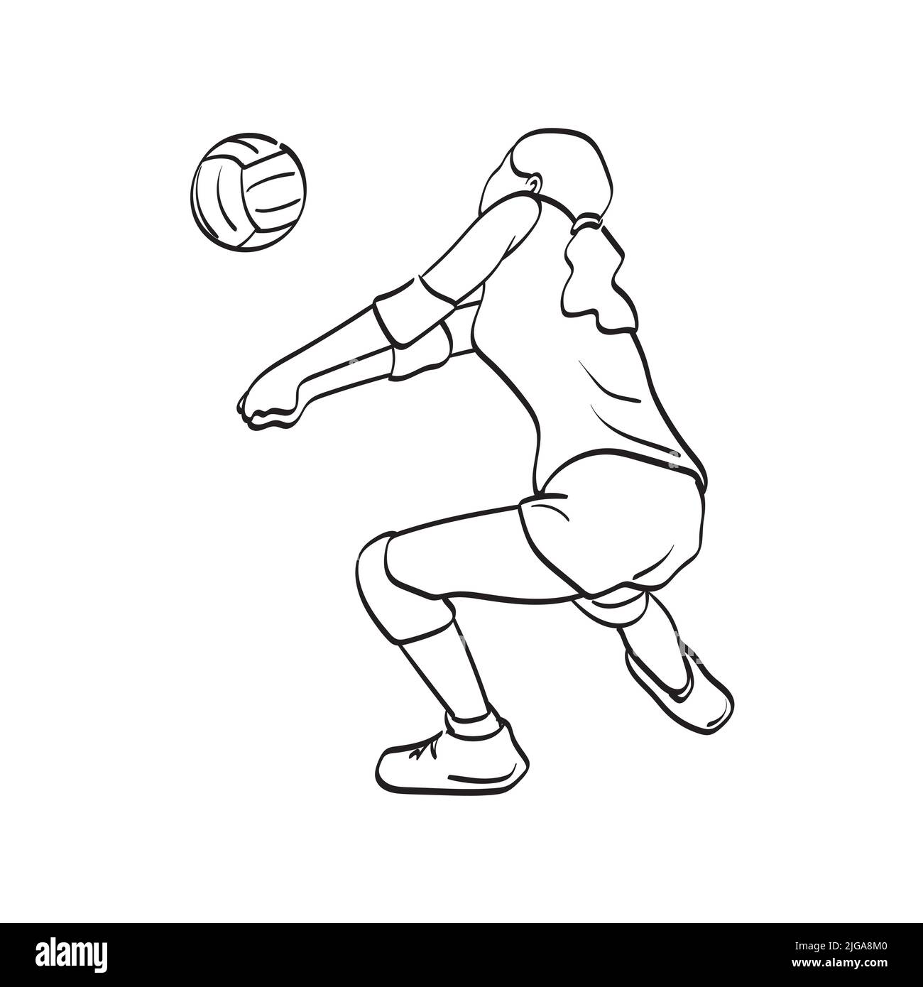 line art rear view of female volleyball player illustration vector hand ...