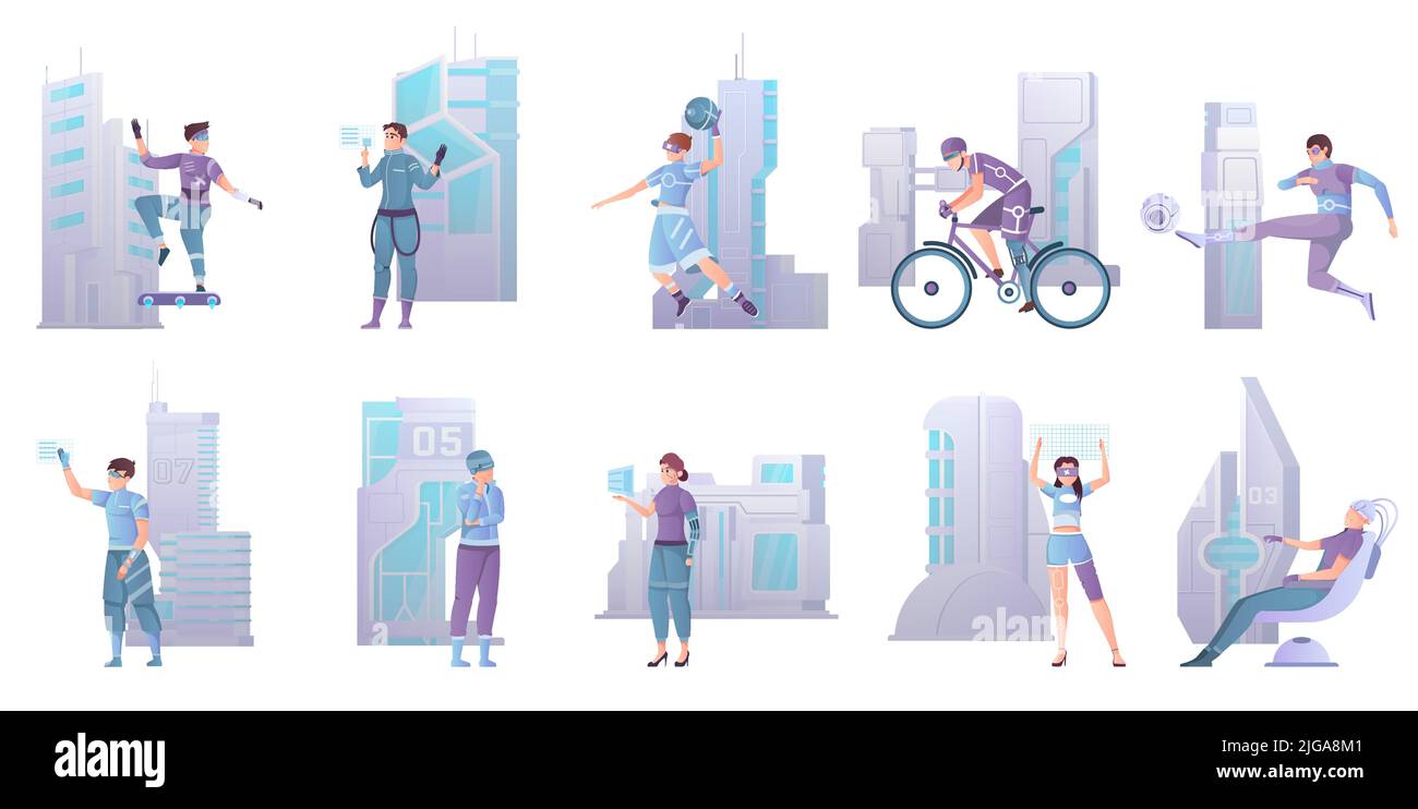 Cyberpunk people set of isolated icons with flat human characters with ...