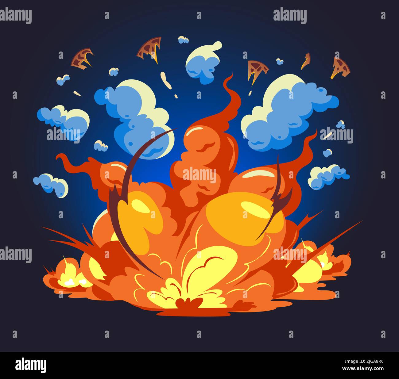 Big bomb explosion with fireball shrapnel and smoke on dark background ...