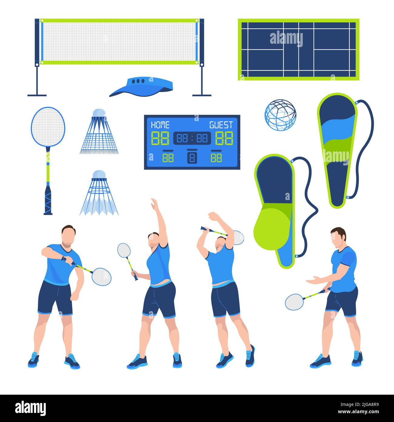 Badminton flat set with male player shuttlecock racket scoreboard net ...