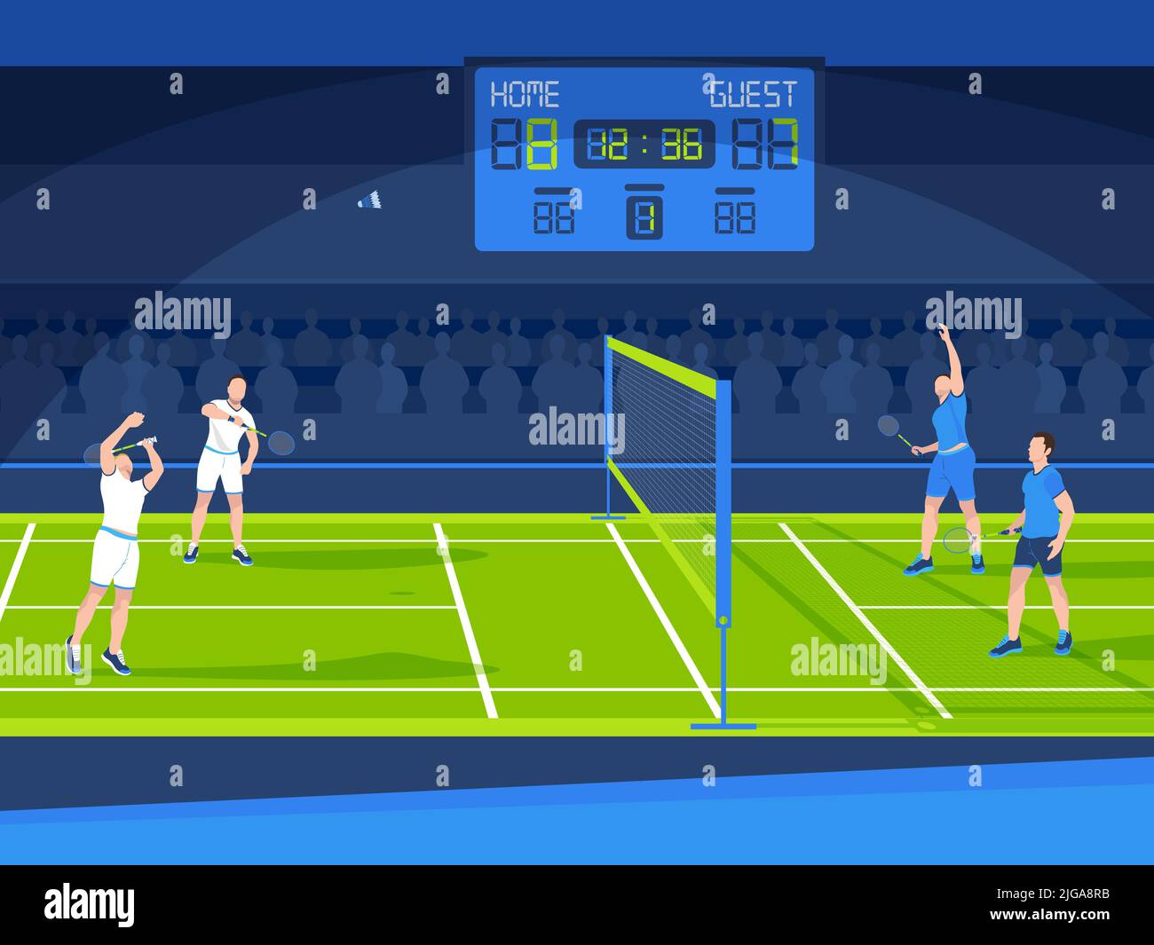 Doubles badminton tournament with four men playing on court with ...