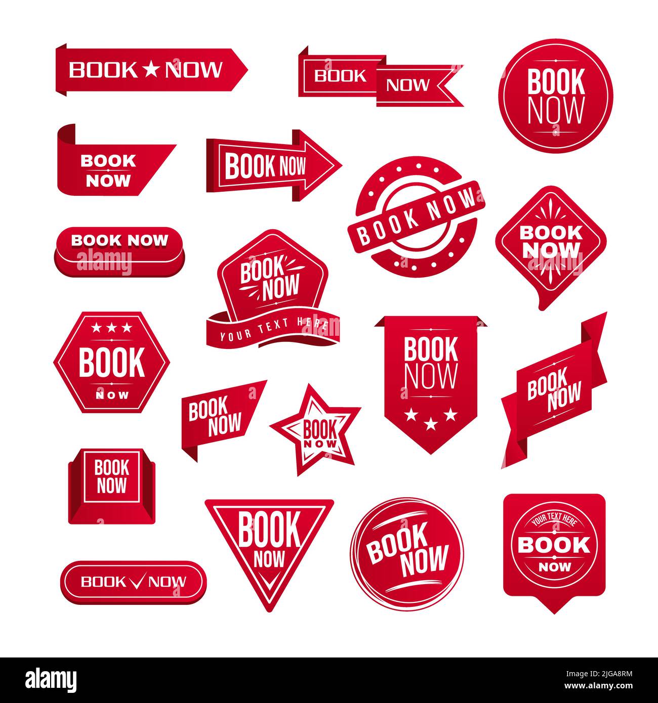 Book now set with buttons stamps ribbons and badges in red color ...