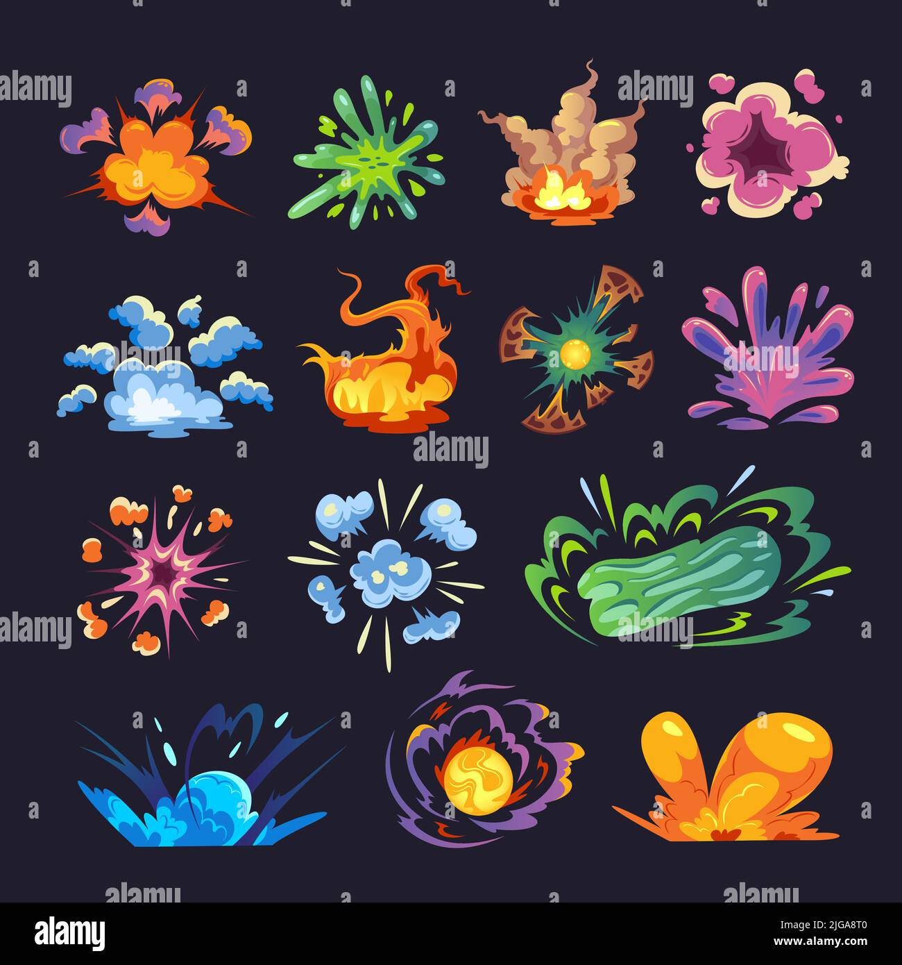 Cartoon explosion boom effect set with colorful shapes and clouds of ...