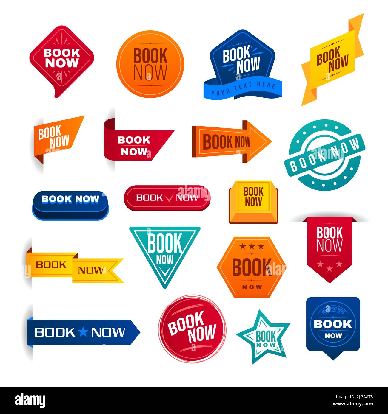 Realistic set with isolated colorful book now buttons stamps and badges ...