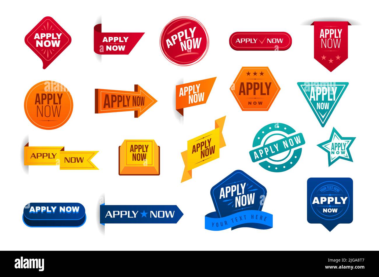Apply now colorful realistic elements set with badges stamps buttons ...