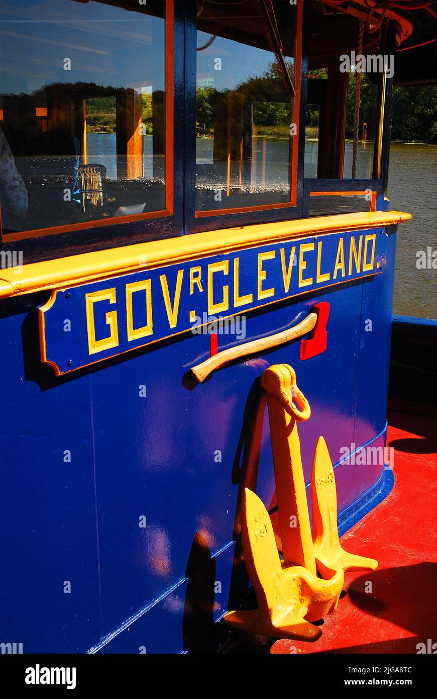 The blue and yellow Governor (Gov) Cleveland a historic tugboat is on ...