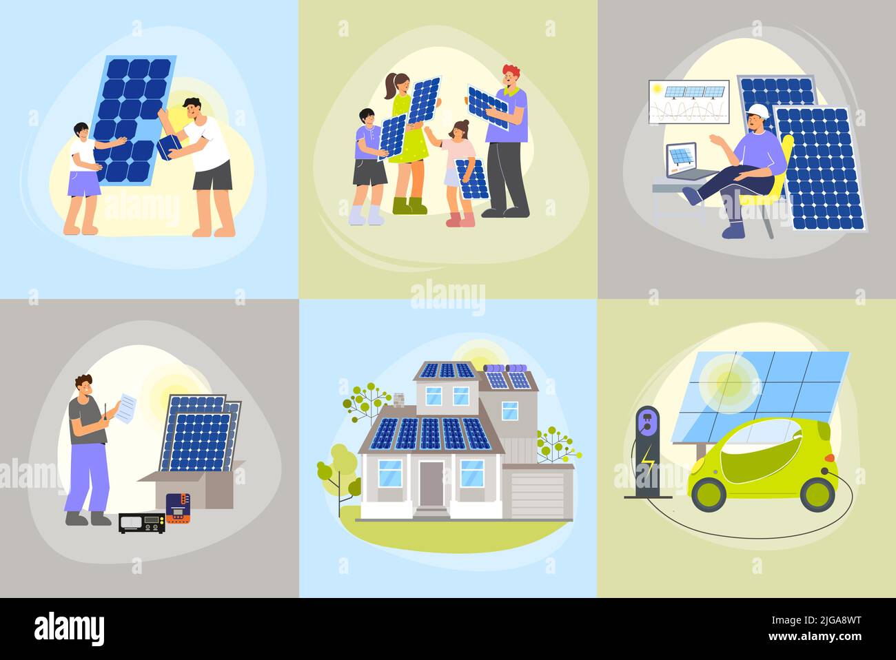 Solar energy set of six square compositions with flat human characters ...