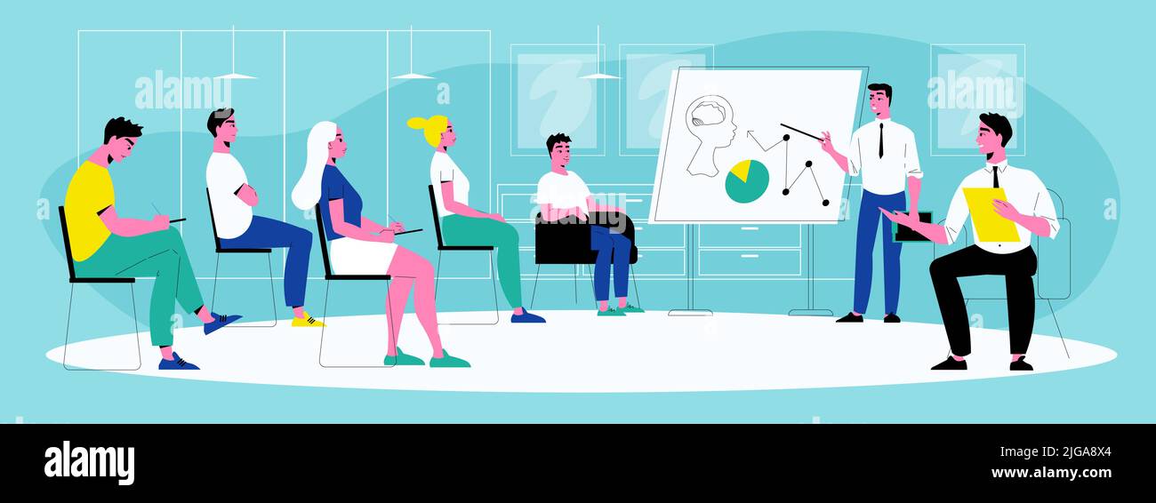 Creative trainer and coach background with workshop symbols flat vector ...