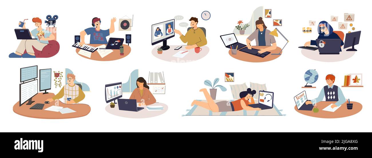 Computer people set with flat compositions of human characters using ...