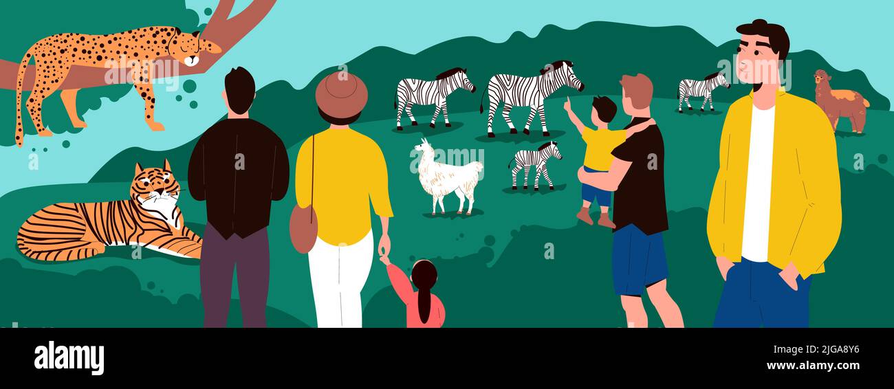 Zoo background with wild animals and family visitors flat vector ...