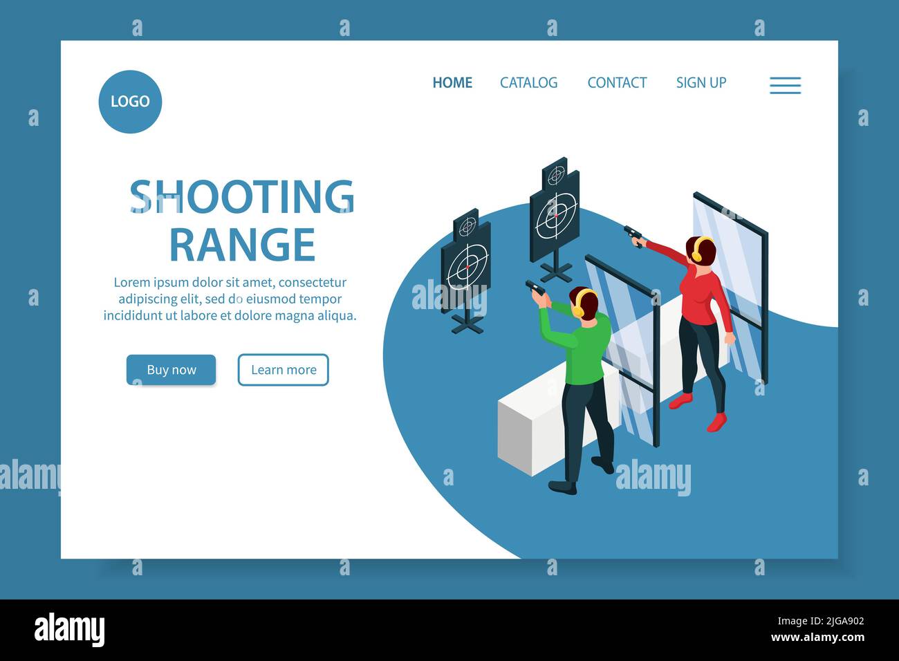 Shooting range isometric web site banner or landing page with links and ...