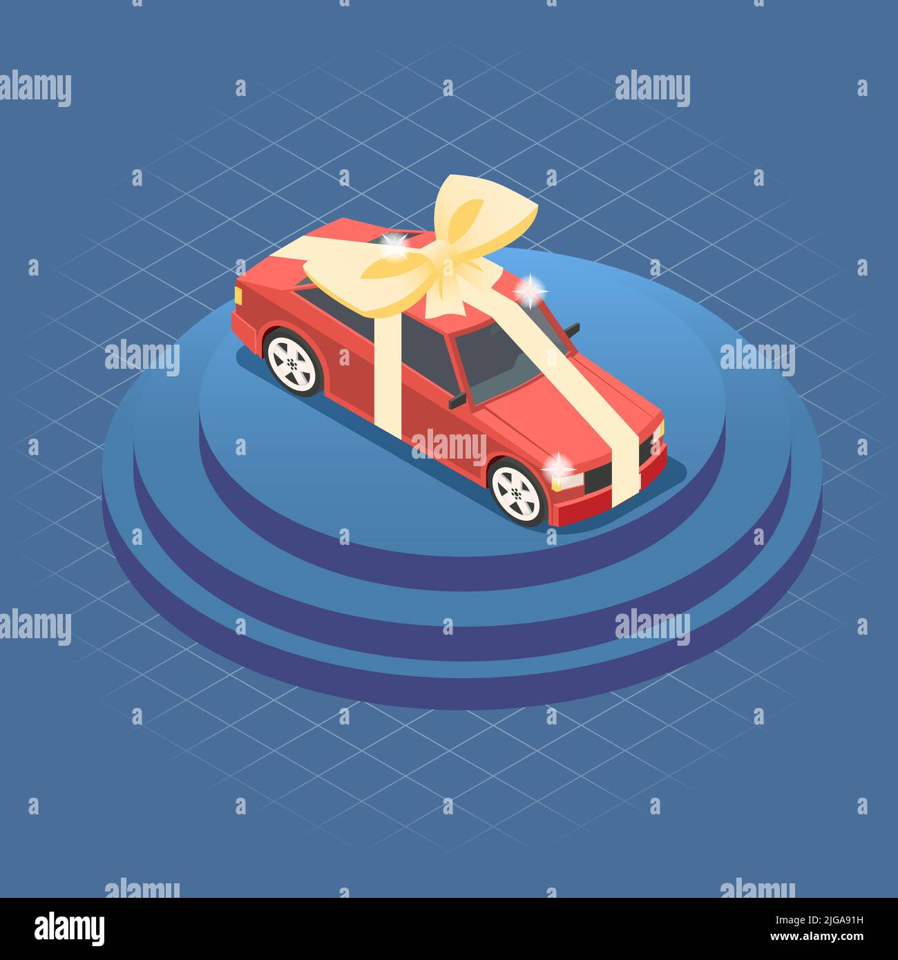 Automobile car gift on podium isometric red car with big yellow ribbon ...