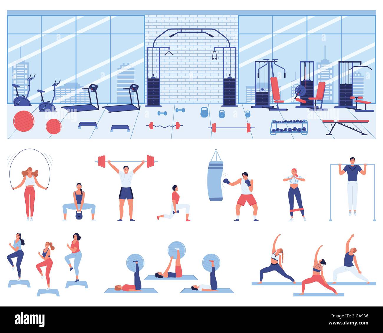 Fitness gym set with indoor view of gymnasium with isolated icons of ...