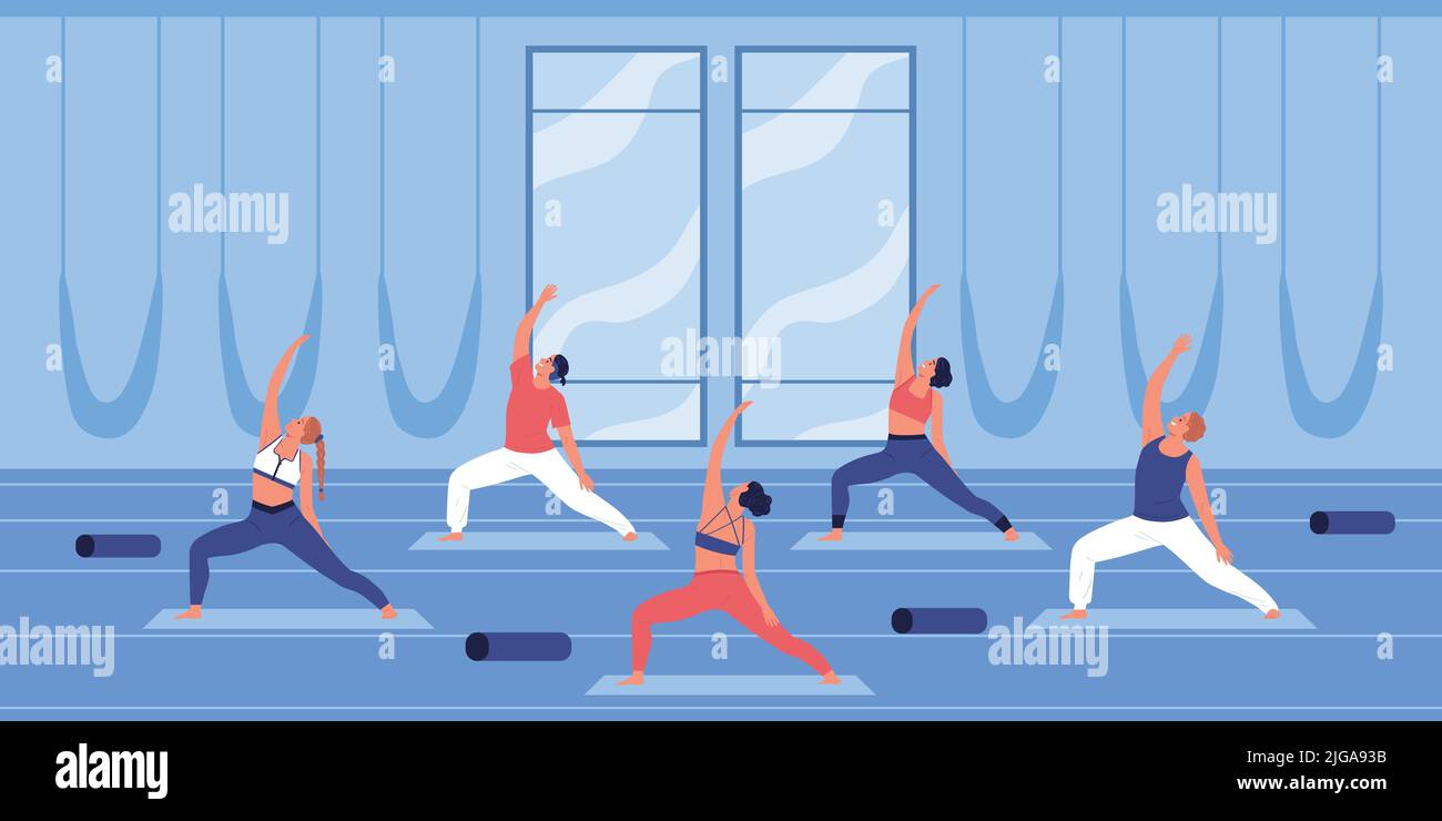 Fitness group doing sport exercises together in gym flat color ...