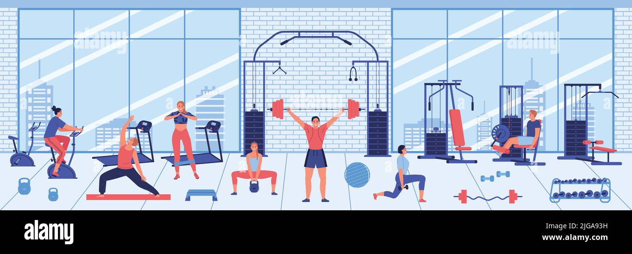 Gym interior horizontal background with people doing fitness exercises ...