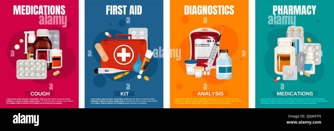 Healthcare medications set of four vertical posters with editable text ...