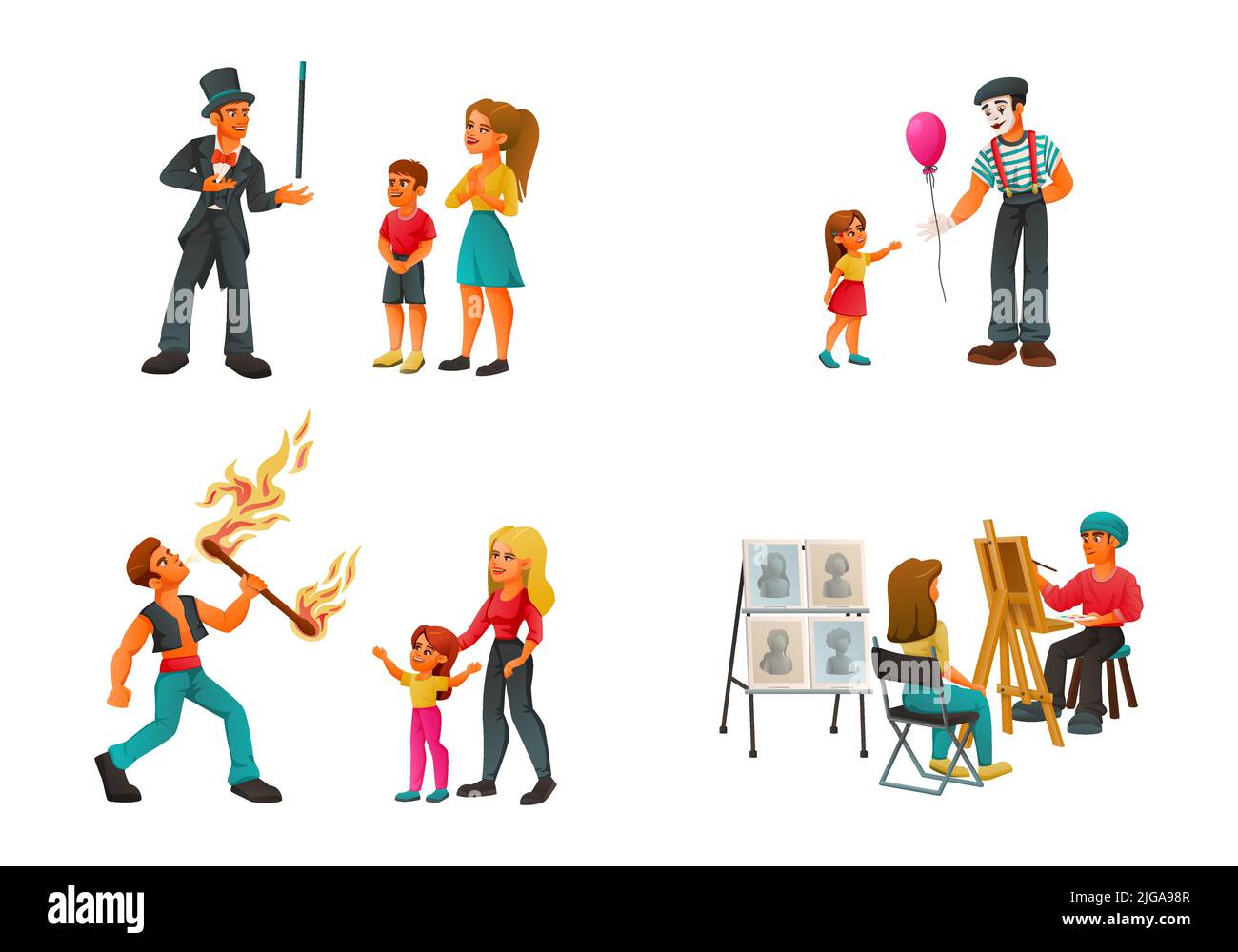 Street performer artist musician dancer cartoon set of compositions ...