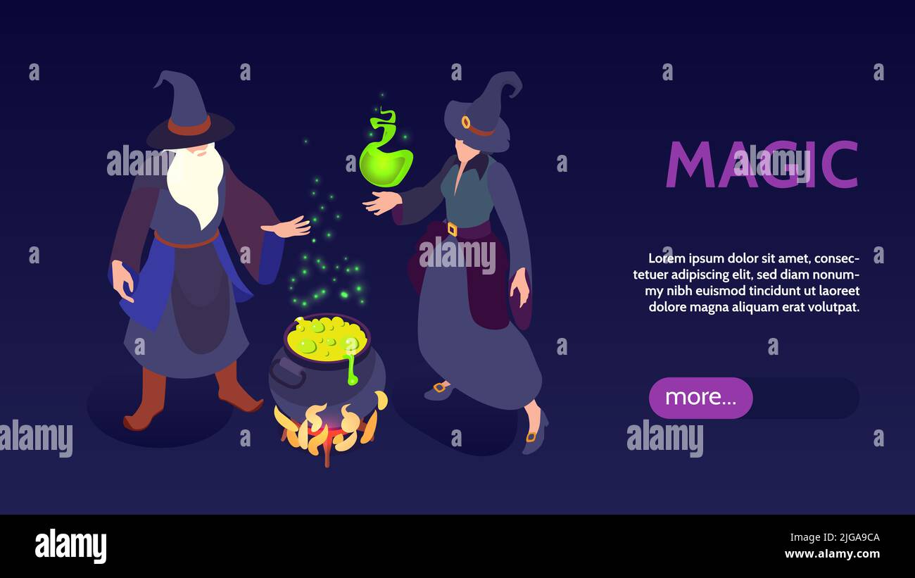 Isometric wizard magic horizontal banner with couple of wizards cooking ...