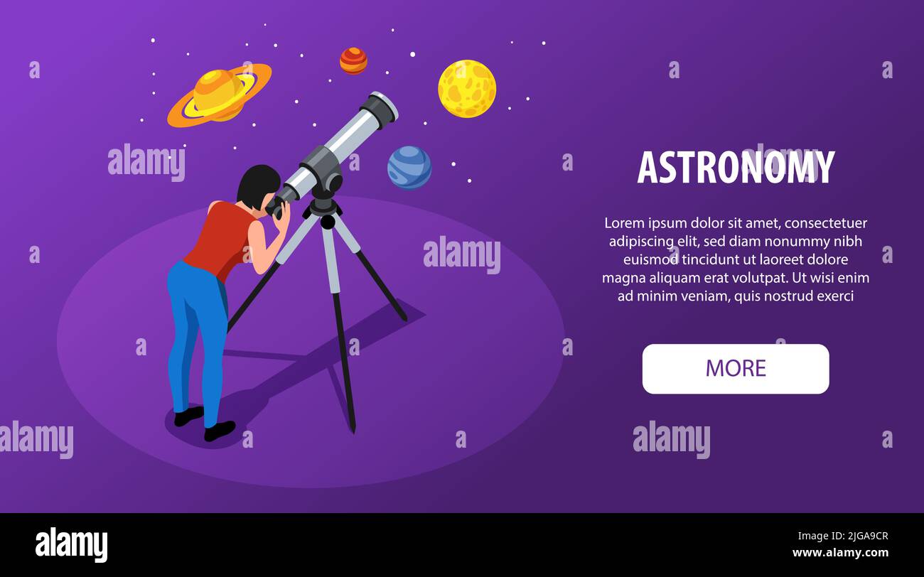 Astronomy isometric horizontal banner with man looking on planets and ...