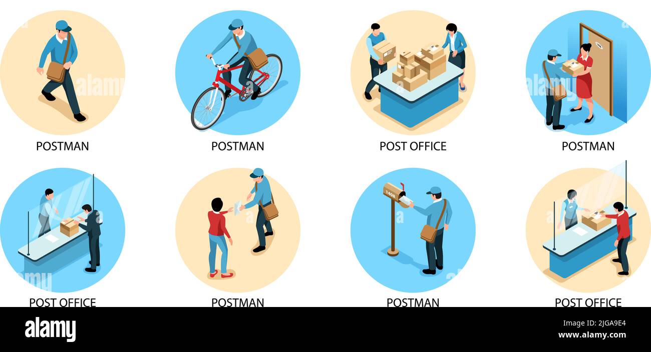 Postal service round compositions set of postman courier and post office isometric images ...