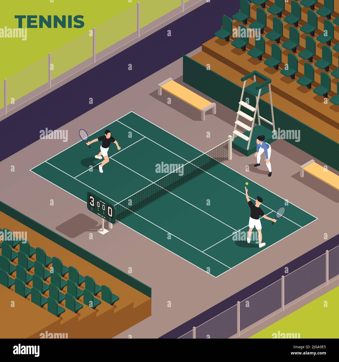 Tennis isometric composition with outdoor scenery of sport stadium with ...