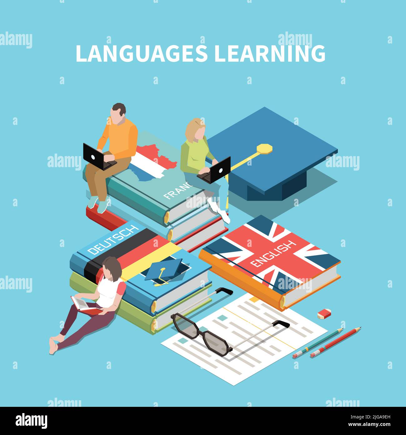 Language learning courses isometric composition with textbooks and ...