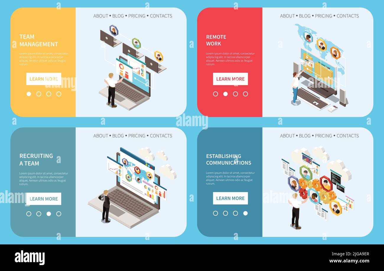 Remote work team management recruitment online communications isometric ...