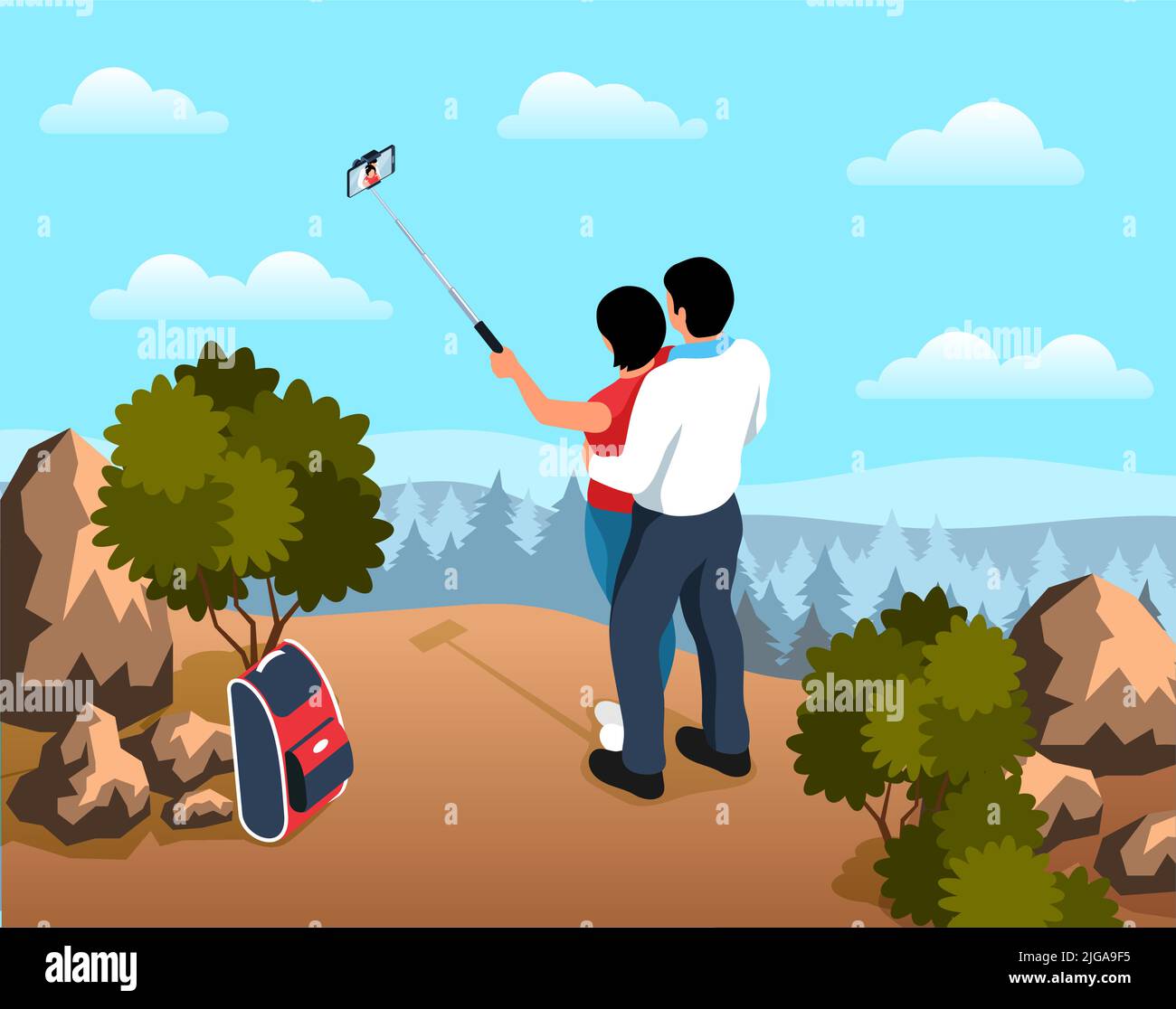 Selfie isometric background with young lovers posing at natural ...