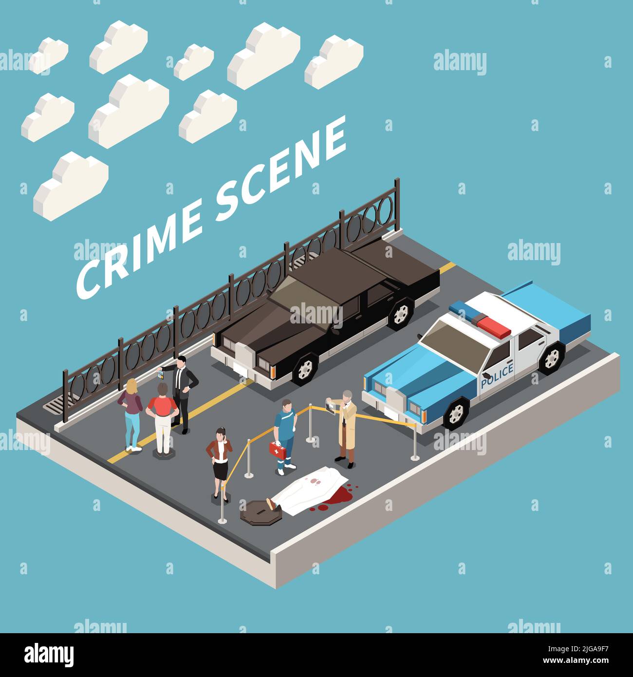 Police officer and detective working on crime scene after murder ...