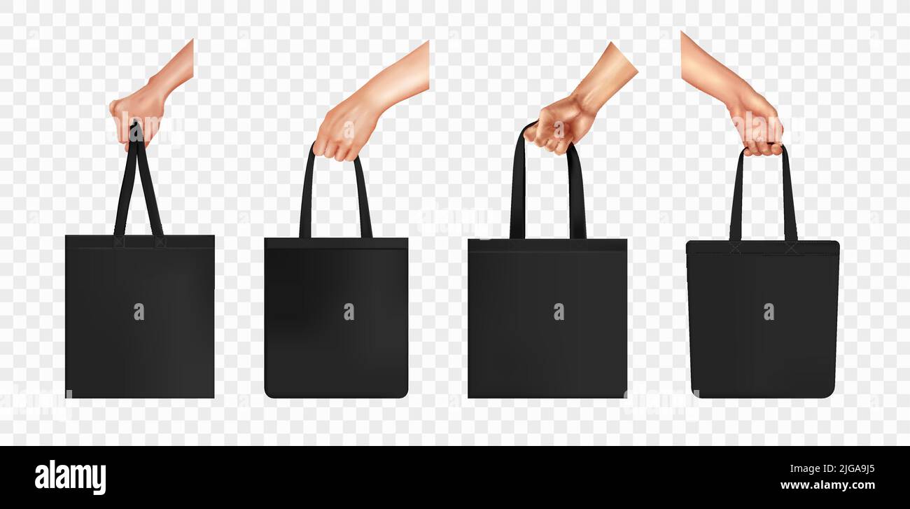 Realistic hands bag transparent icon set a womans hand holding a black ...