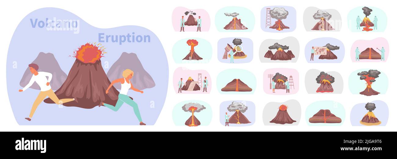 Set of flat isolated volcano compositions with views of mountain lava ...