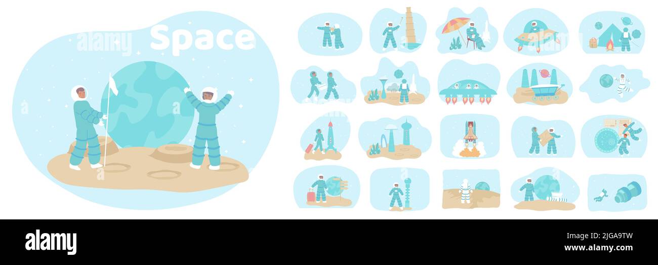 Space set with isolated compositions of flat icons characters of ...