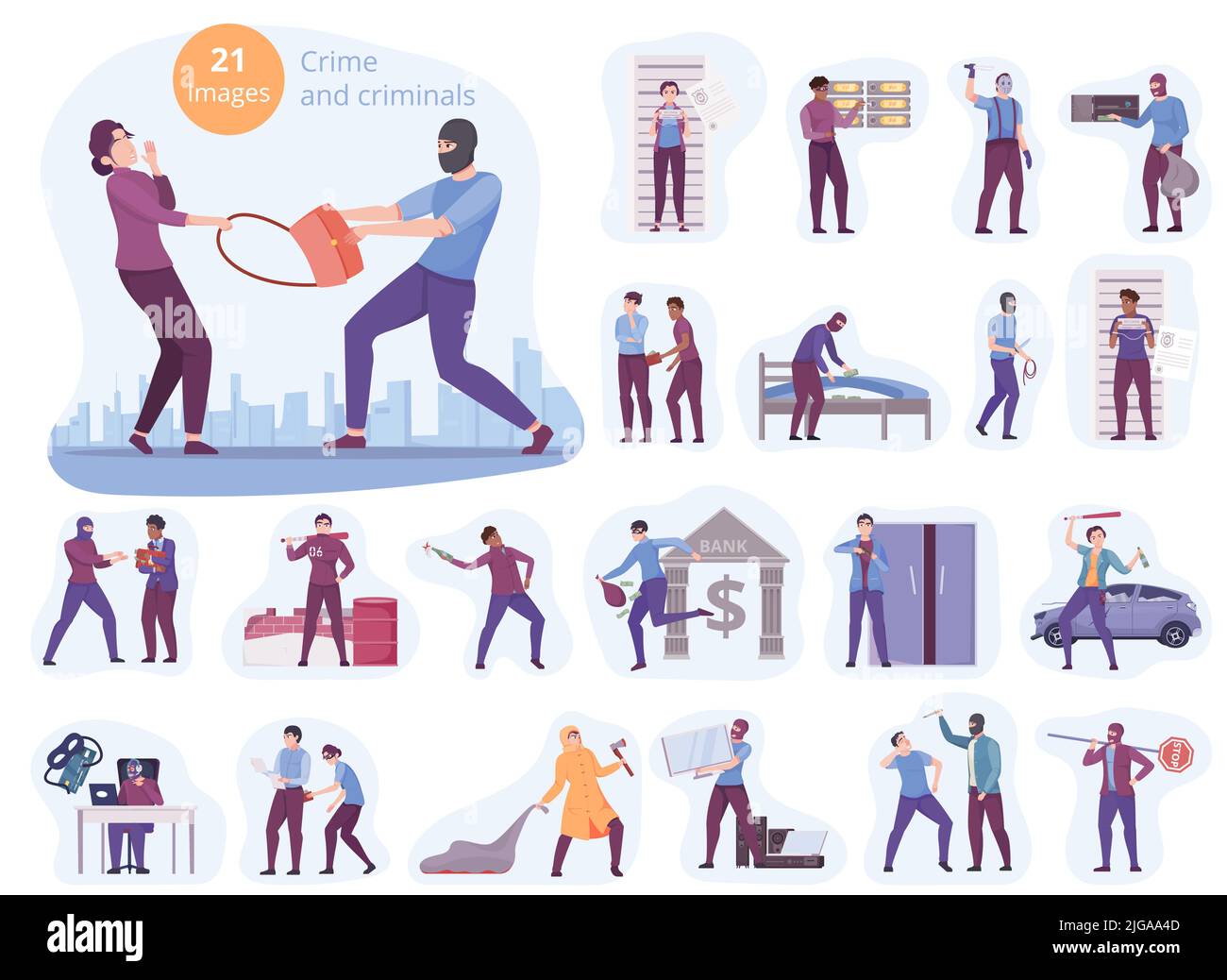 Criminals flat set of bandits and gangsters committing crimes in city ...