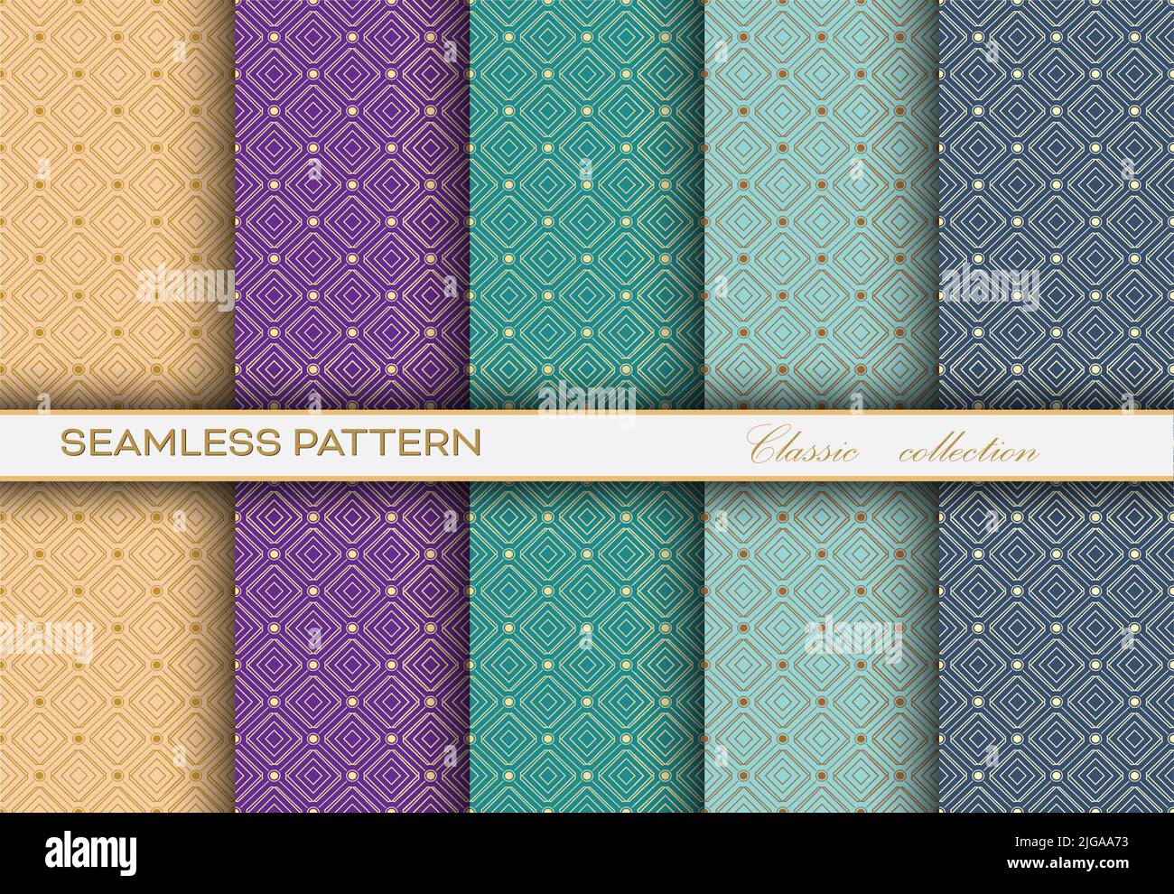 set of seamless gold patterns on a multicolored background for textiles ...