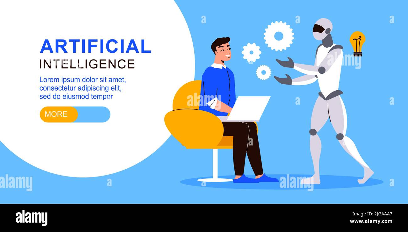 Artificial intelligence horizontal banner with business teamwork symbols flat vector ...