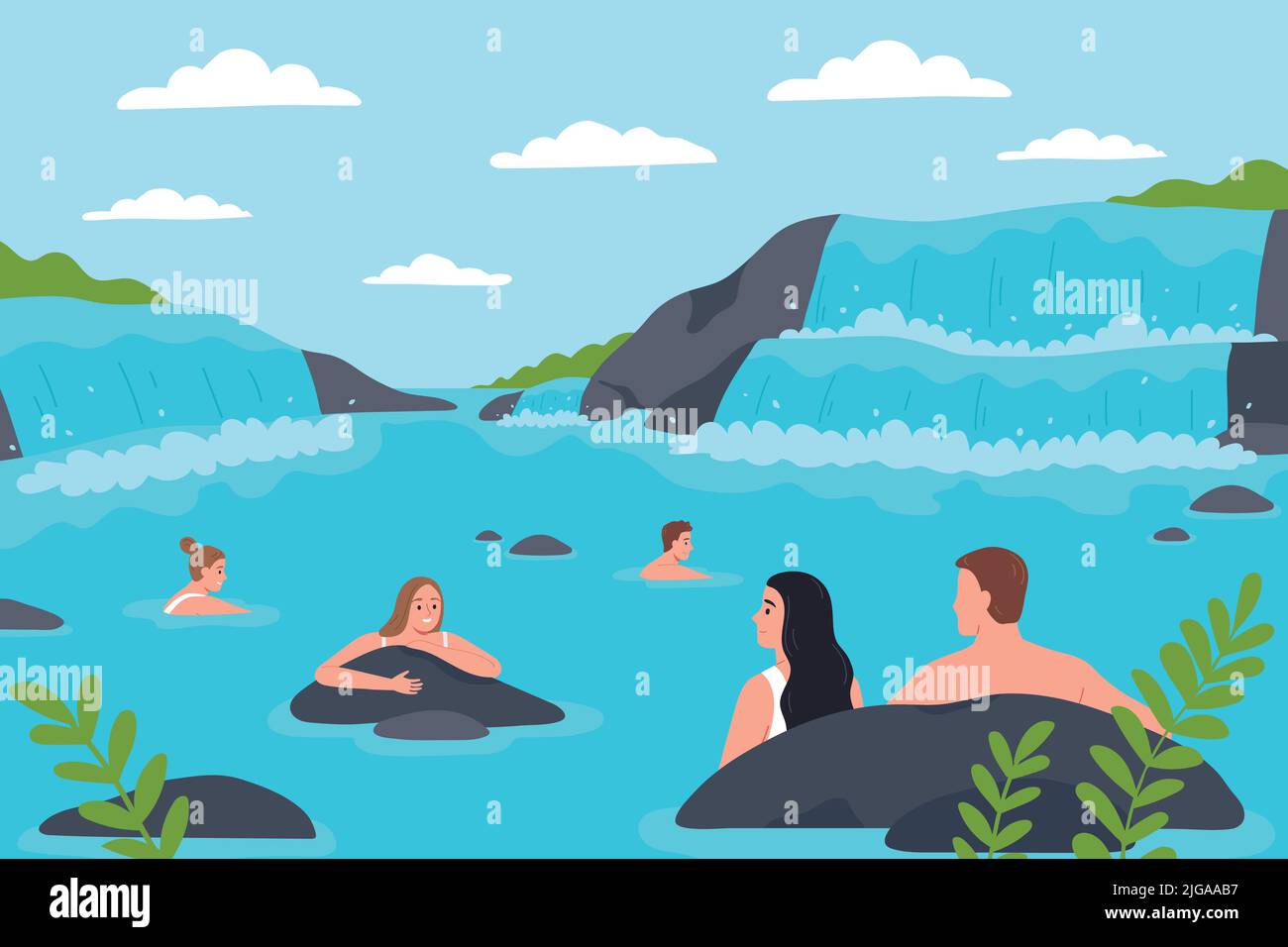 People bathing in thermal waters in picturesque place flat vector ...