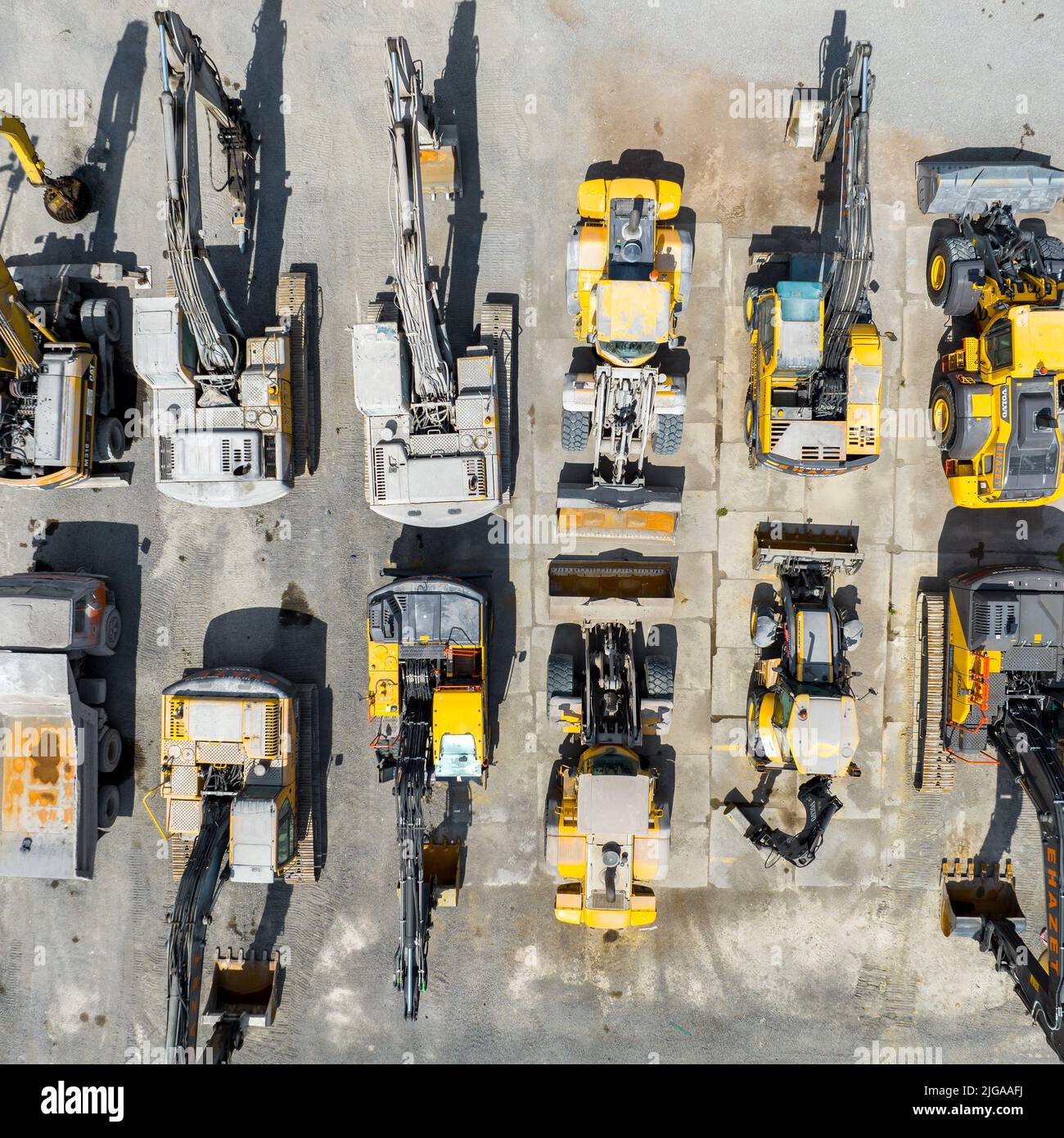Aerial photo of excavator on industrial place. Industrial site top view ...