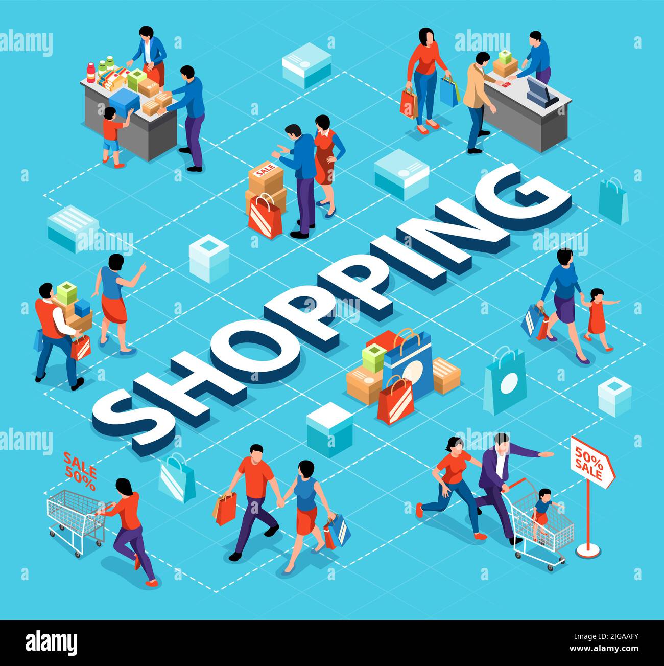 Isometric family shopping flowchart composition with text and isolated views of man woman and ...