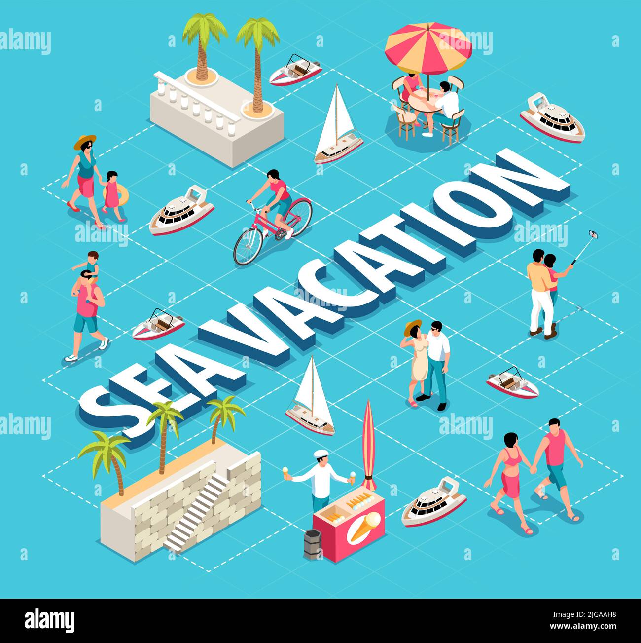 Isometric vacation sea flowchart with isolated icons of yachts boats ...