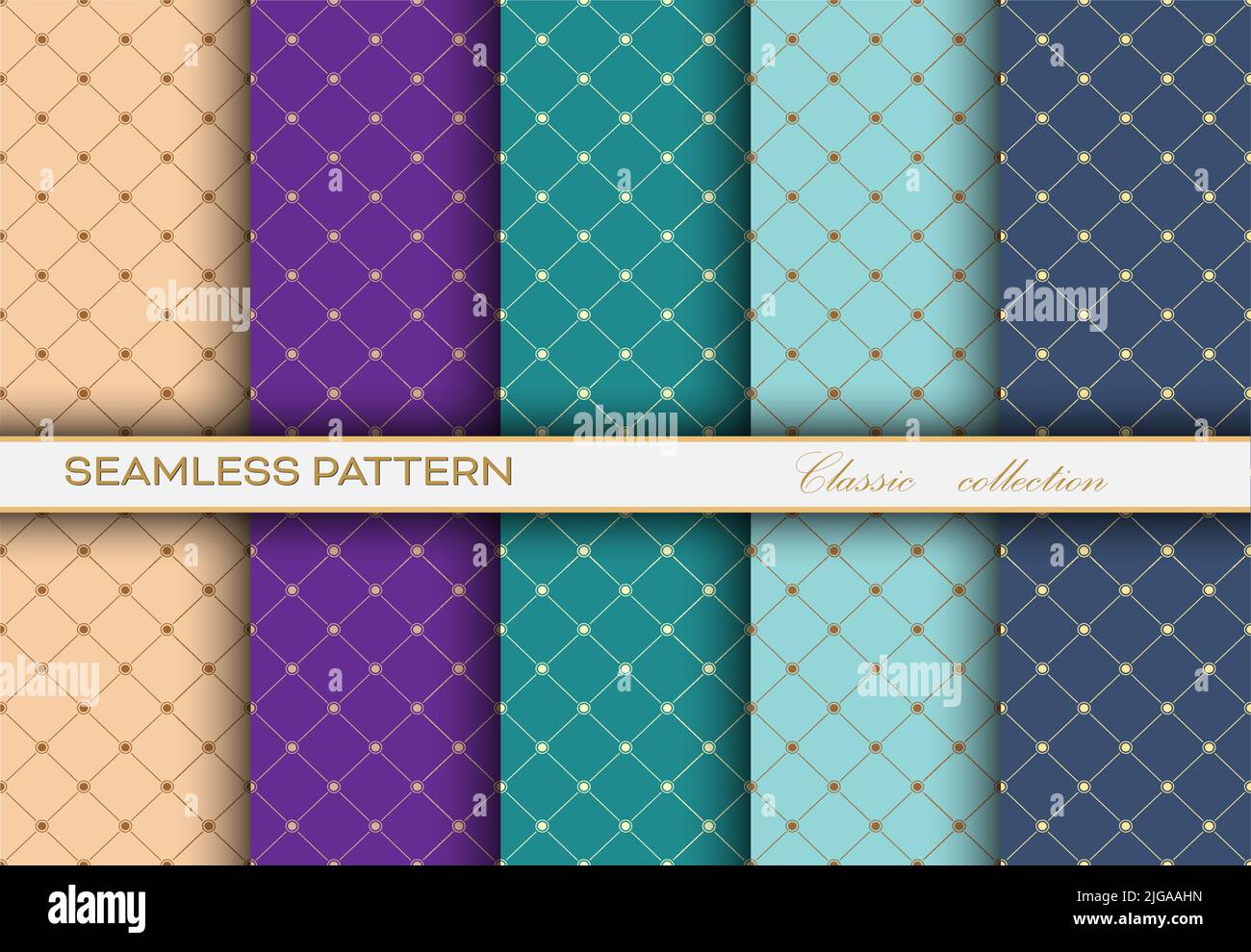 set of seamless gold patterns on a multicolored background for textiles ...