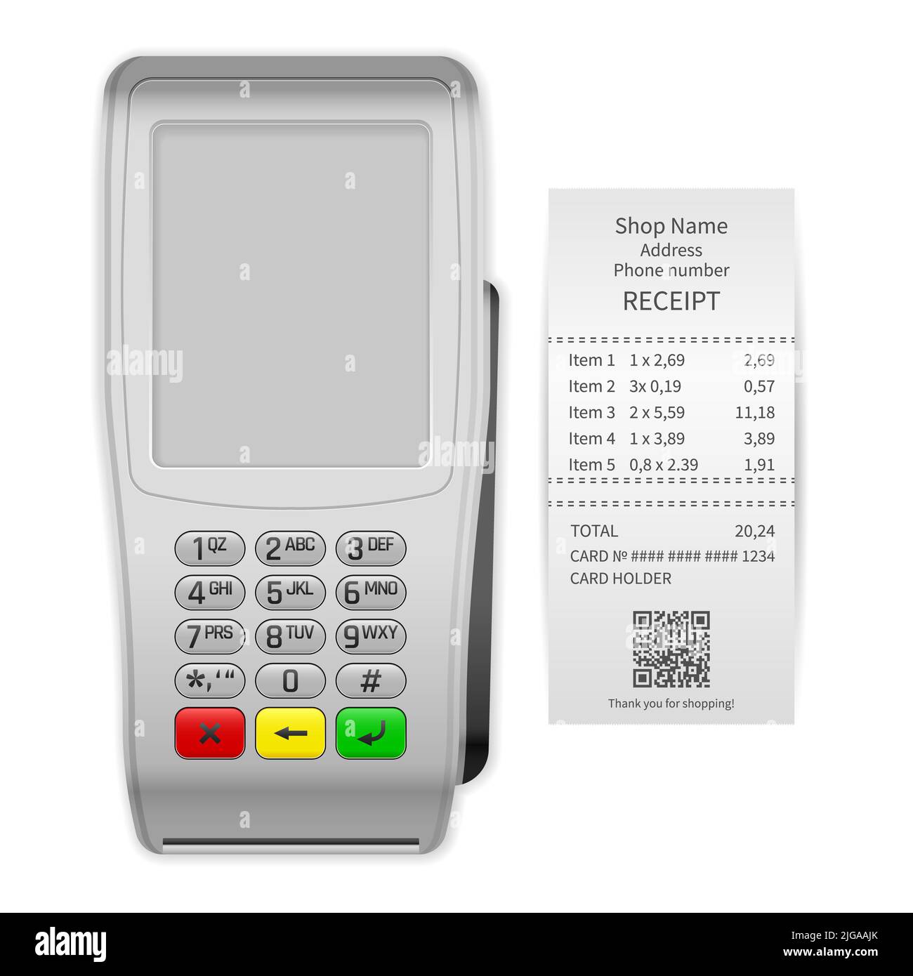 Payment terminal and receipt on a white background Stock Photo - Alamy