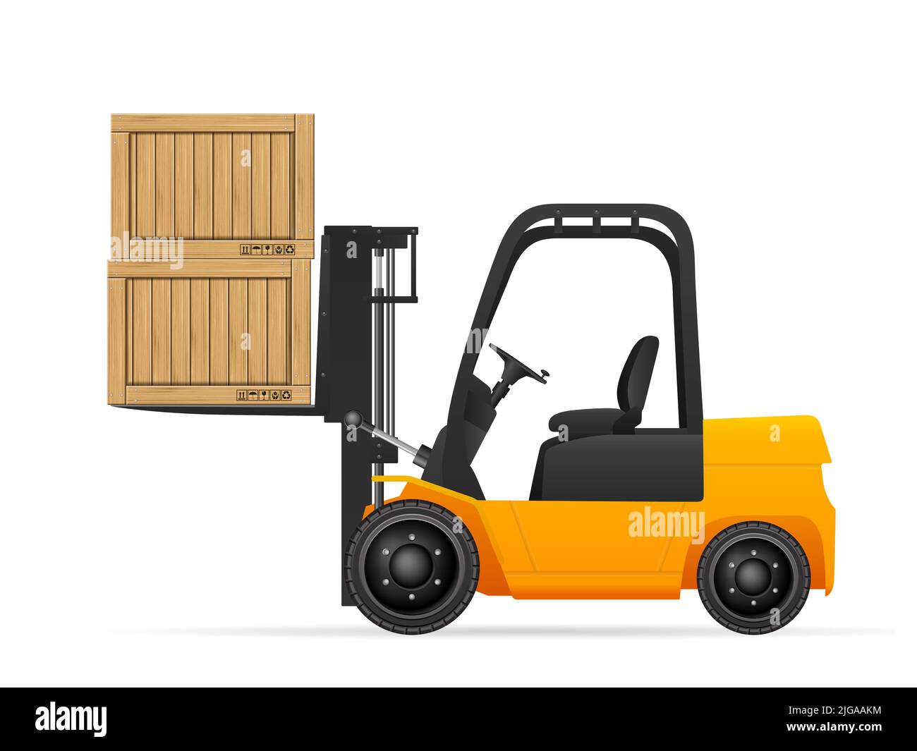 Forklift with wooden boxes on a white background Stock Photo - Alamy