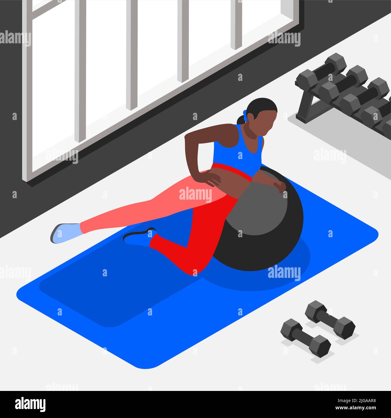 Fitness ball workout isometric background with female character lying ...