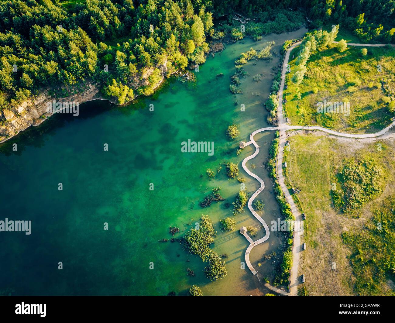 Turquiose Water and Wooden Bridge. Aerial Landscape. Park Grodek in ...