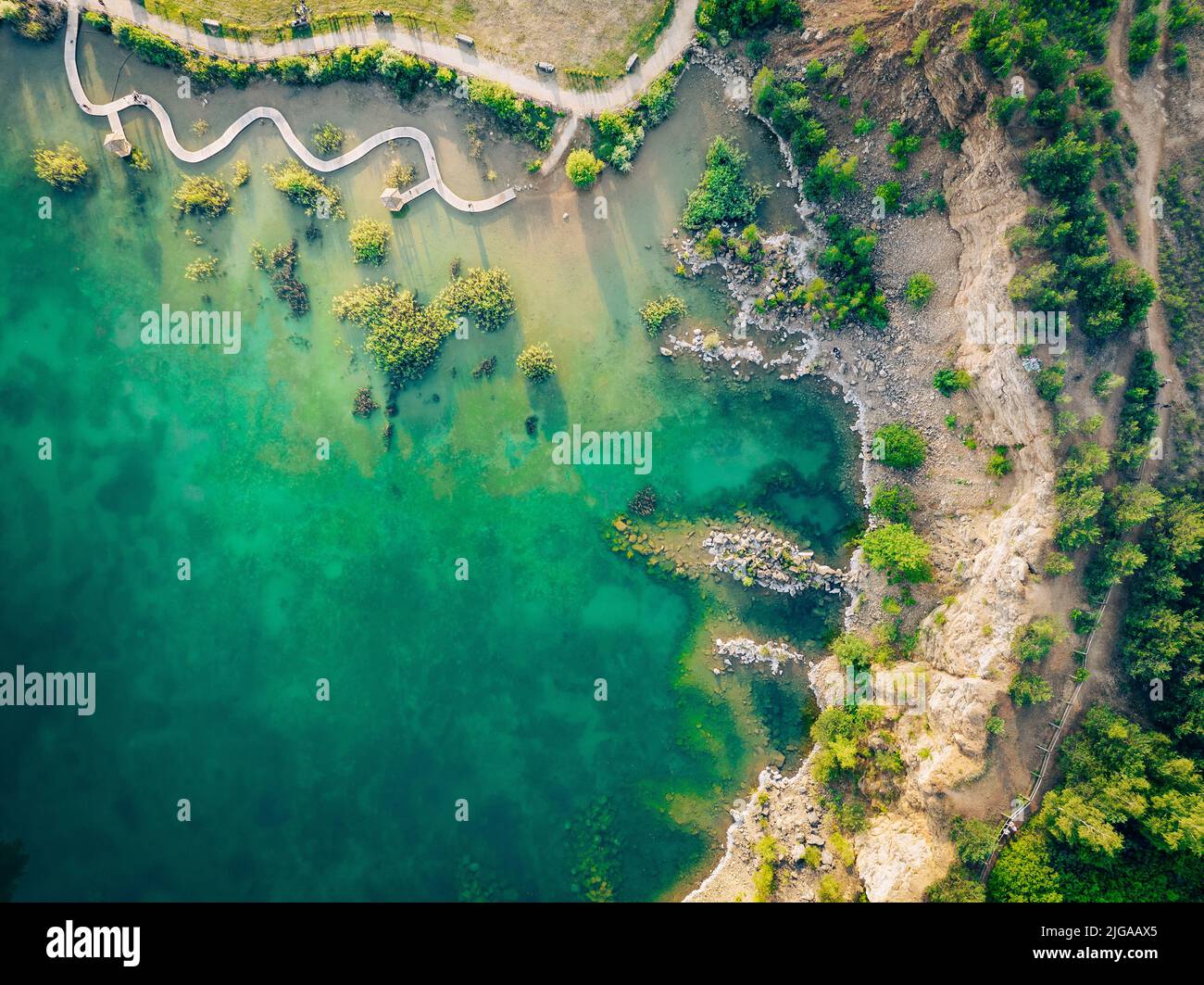 Turquiose Water and Wooden Bridge. Aerial Landscape. Park Grodek in ...
