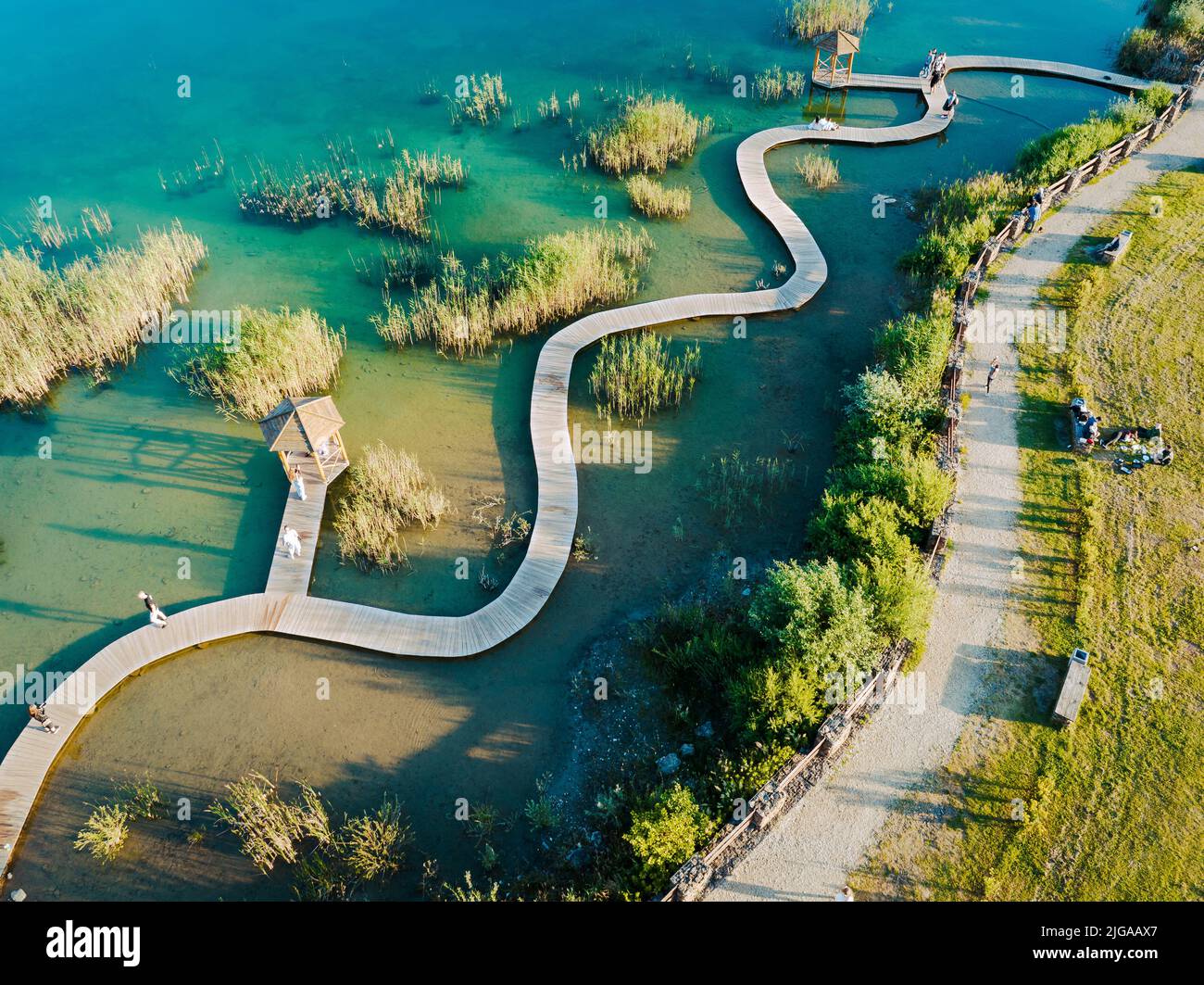 Turquiose Water and Wooden Bridge. Aerial Landscape. Park Grodek in ...
