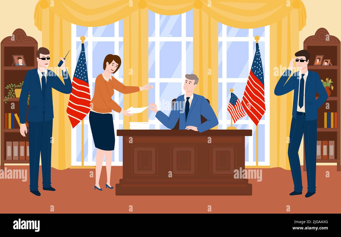 President sitting at his desk at office with female secretary and two ...
