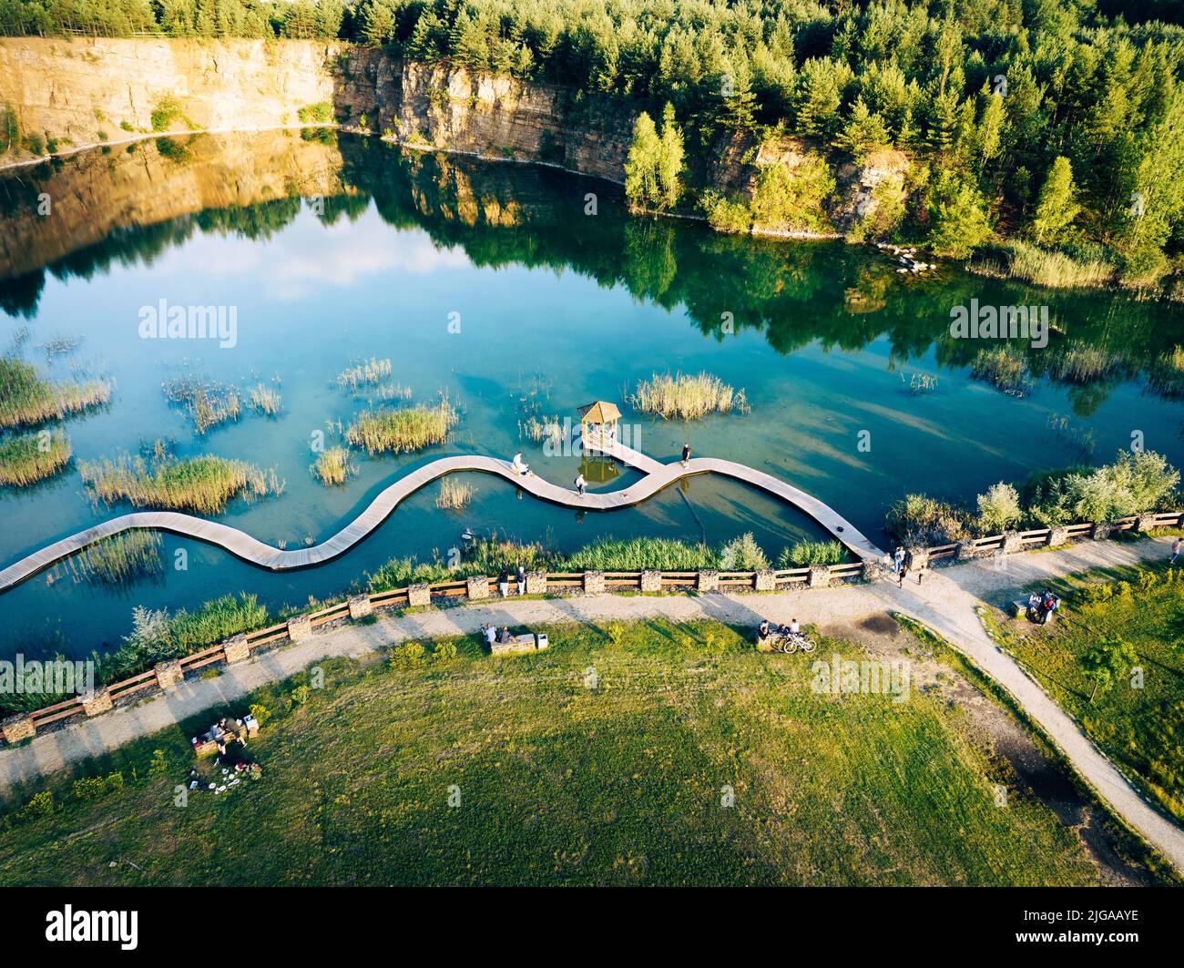 Turquiose Water and Wooden Bridge. Aerial Landscape. Park Grodek in ...